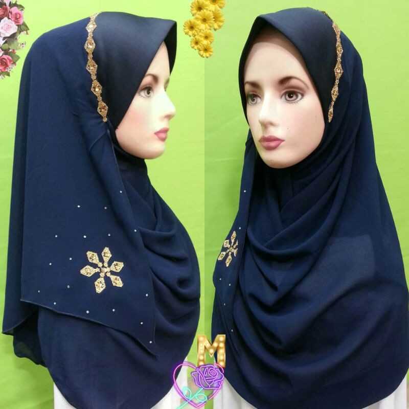 Instant Shawl Heavy Chiffon Awning Scuba, Pattern Crown, Bunga Dan Batu ...