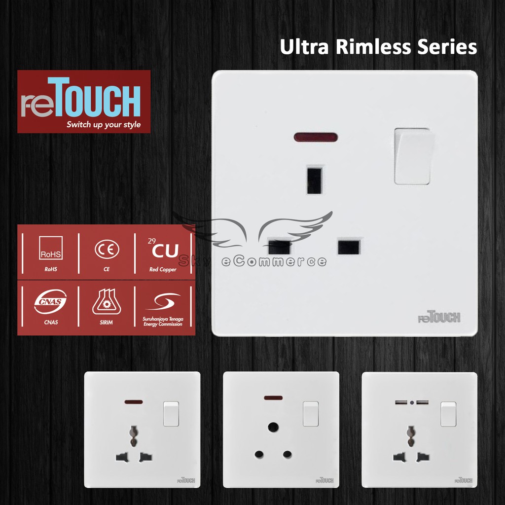 reTouch White Ultra Rimless Switch 13A 15A Big Rocker Universal USB ...