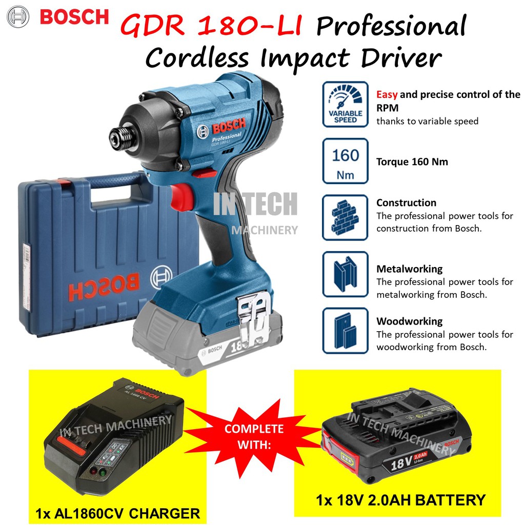 BOSCH GDR180-LI CORDLESS IMPACT DRIVER(1x AL1860CV CHARGER+1x 18V 2.0AH ...