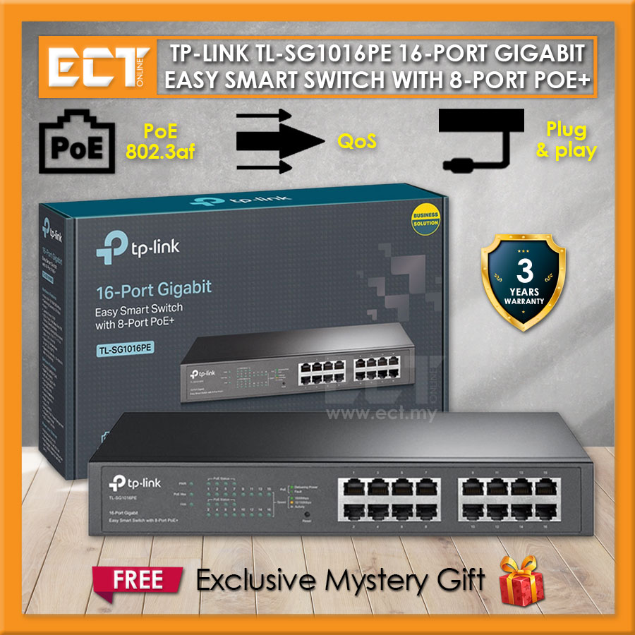 TP-Link TL-SG1016PE 16 10/100/1000Mbps RJ45 Ports Gigabit Easy Smart Switch with 8-Port PoE ...