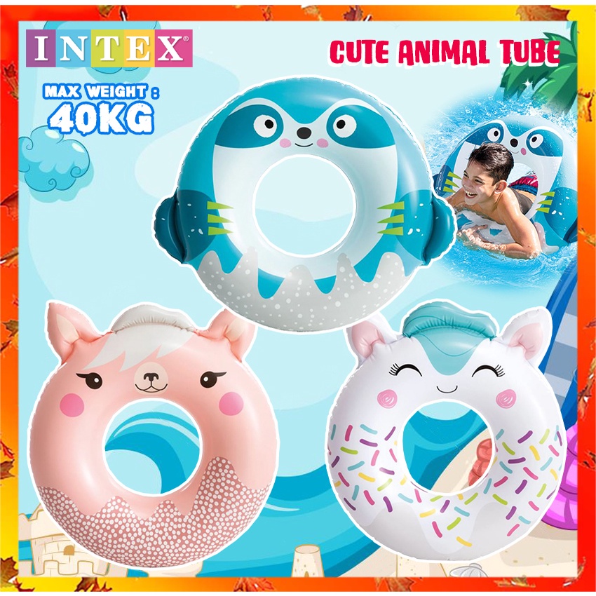 INTEX 59266 3 Design Cute Animal Tubes Inflatable Round Pool Swim Ring ...