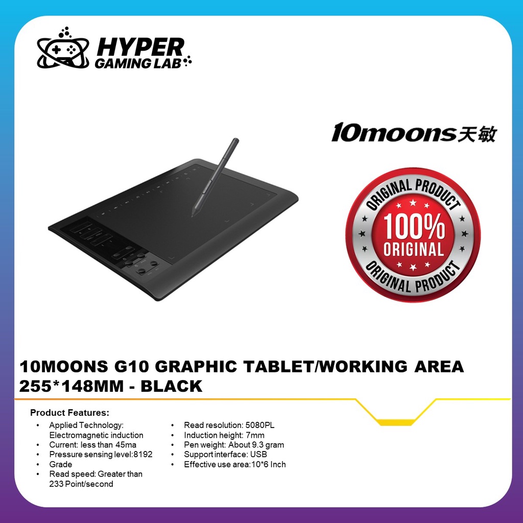 10MOONS G10 GRAPHIC TABLET/WORKING AREA 255*148MM - BLACK (IP1253-TM-BK ...