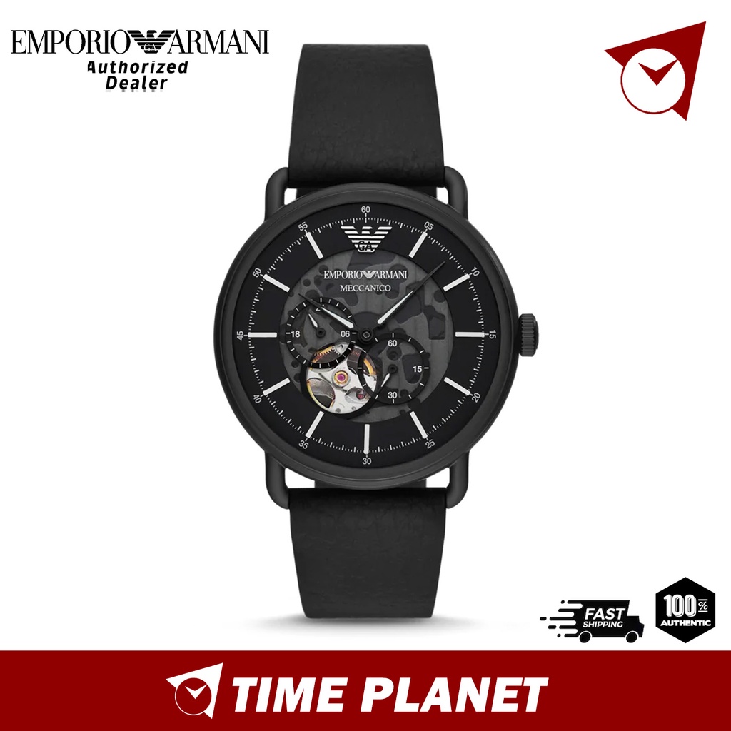 EMPORIO ARMANI Automatic Men's Black Dial Black Genuine Leather Watch [Official Warranty ...