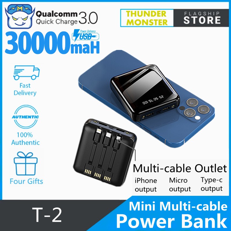 30000mAh 3 Cables Full Capacity Mini Powerbank Dual USB Portable Fast ...