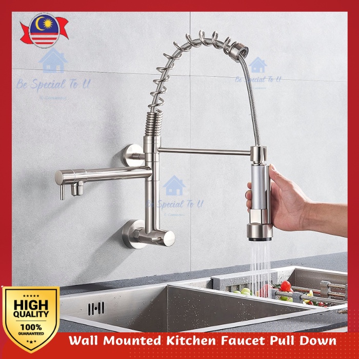 Spring Pull Down Wall Mounted Kitchen Faucet Pull Down Sprayer Dual ...