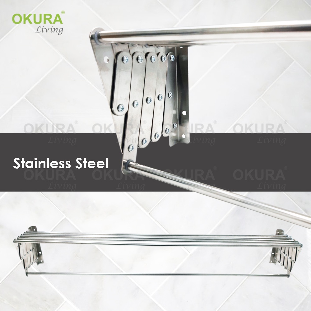 OKURA 6 Bar Retractable Cloth Hanger Stainless Steel Ampaian Baju Wall Mounted Clothes Drying ...