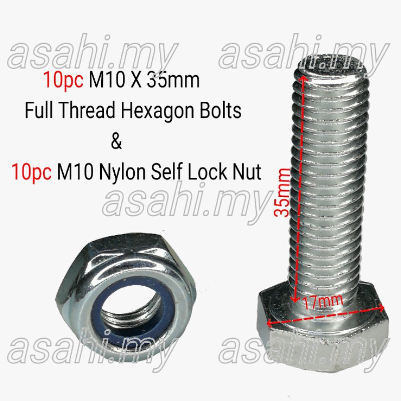 10pc M10 x 35mm Full Thread Hexagon Bolts & 10pc M10 Nylon Self Lock ...