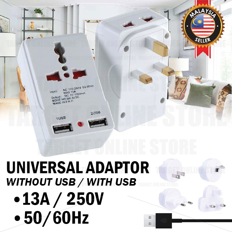 Universal Socket 3 Pin Plug Adaptor Travel Adapter USB/Non USB Charging ...