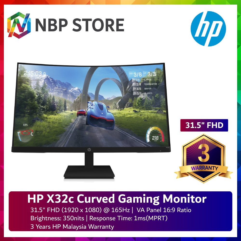 HP X32c 31.5" FHD 165Hz Curved Gaming Monitor( DisplayPort, HDMI, 3 Yrs ...