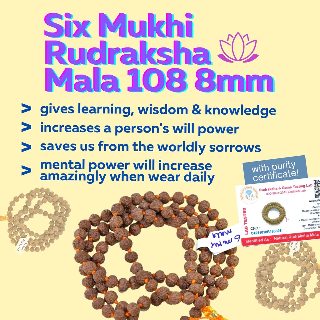 Original 6 Face Rudraksha 108 Mala/Malai (11mm) Rudraksha Bead With Lab ...