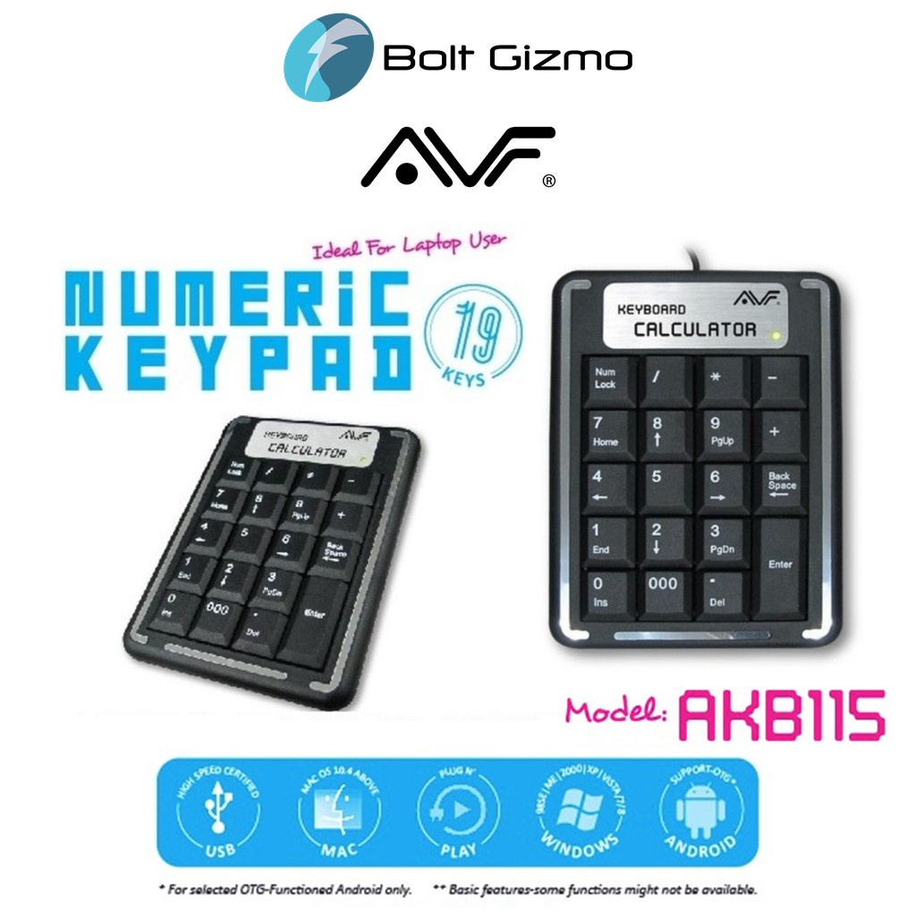 AVF USB Numeric Keypad AKB115 WITH 19 KEYS CASHIER CALCULATOR KEYBOARD ...