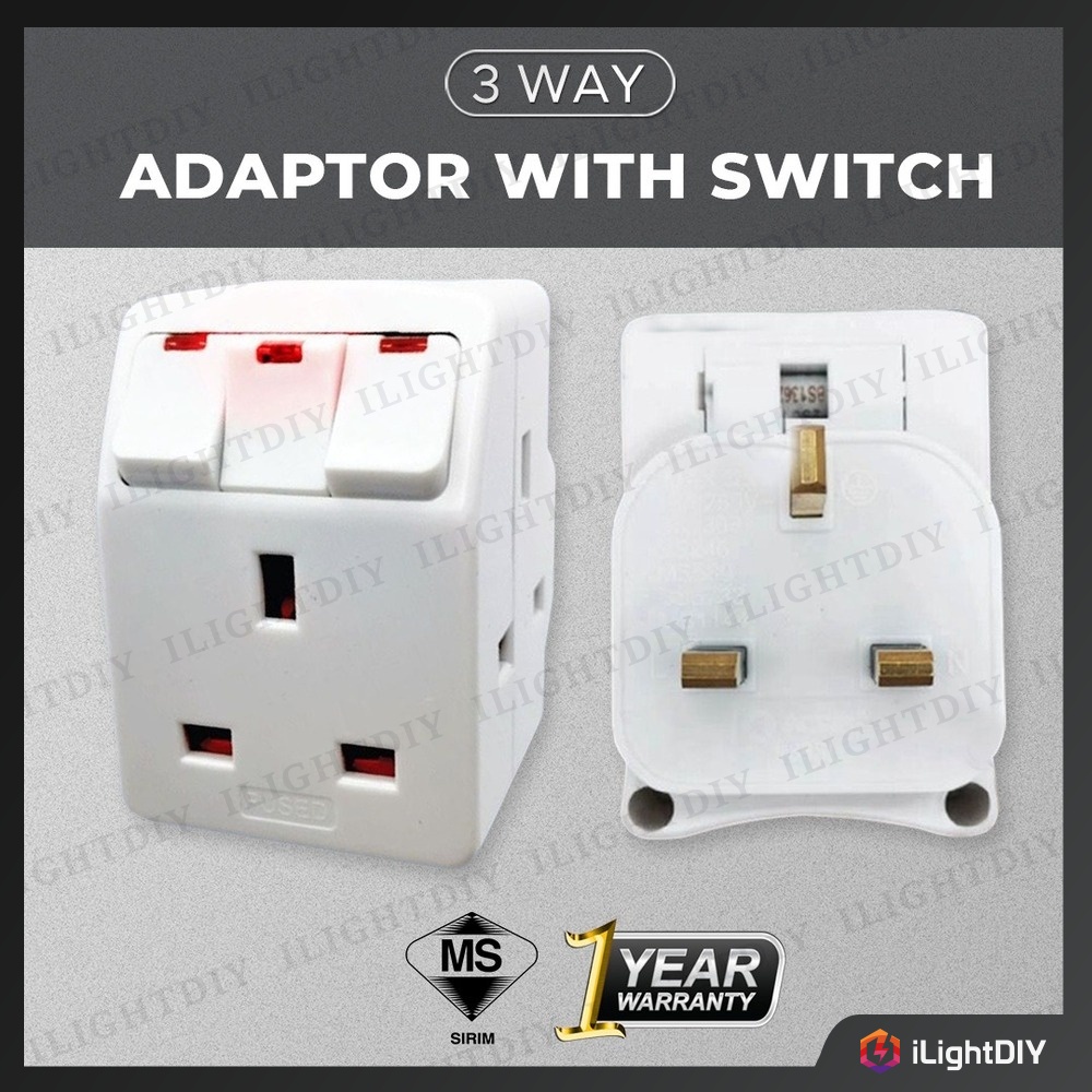 13A 3 WAY ADAPTOR WITH SWITCH UK 3 PIN PLUG EXTENSION SOCKET WITH ...