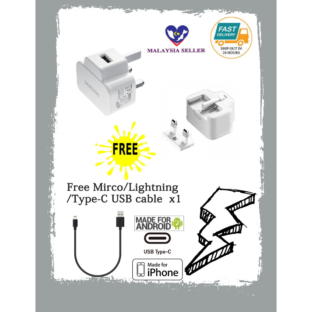 Original Made In Vietnam Samsung USB 3 Pin Malaysia Plug 5V 2A | Shopee ...