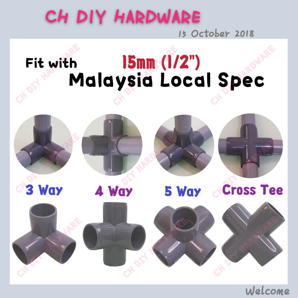 MALAYSIA SPEC 15MM (1/2") PVC PIPE FITTING 3WAY, 4WAY, 5WAY, CROSS TEE PIPE JOINT CONNECTOR DIY ...