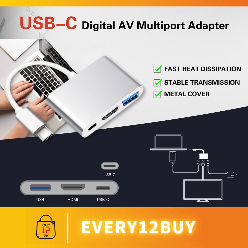 3 In 1 Type c to HDMI USB HUB Type c To HDMI 4K USB 3.0 HUB HDMI ...