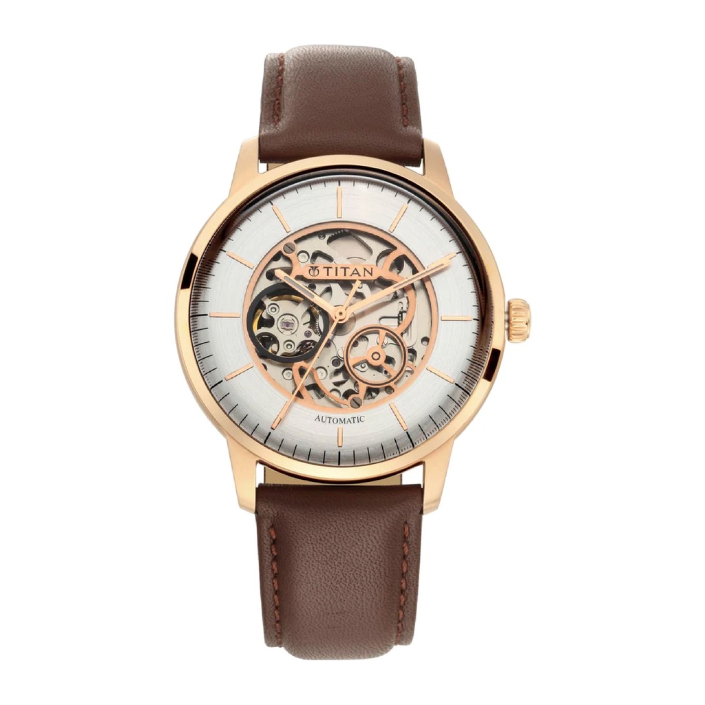 Titan Automatic Watch with Silver White Dial & Brown Strap For Women ...