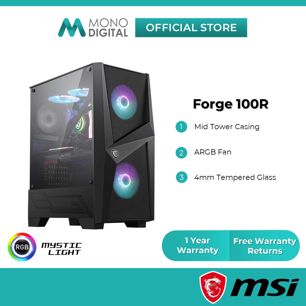MSI MAG FORGE 100R RGB Mid Tower ATX Gaming CPU Desktop Casing with ...