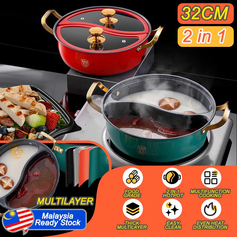 Tollo_regina [ 2 IN 1 ] Kitchen Mandarin Duck Hotpot Nonstick Maifan Stone Coating Stainless ...