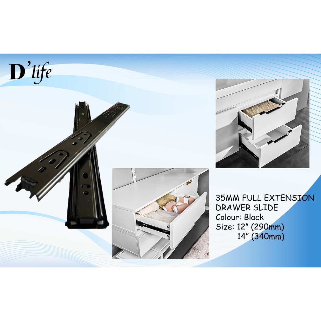 D'Life Cabinet Ball Bearing 35mm Full Extension Drawer Slide Runner ...