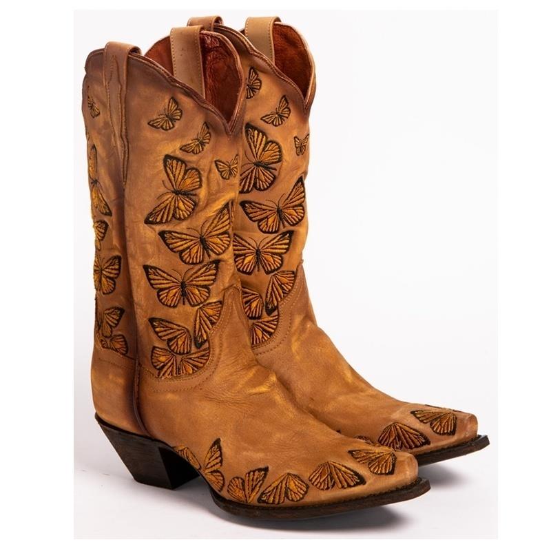 Women's Rustic Tan Embroidered Butterfly Cowgirl Boots Western Boots ...