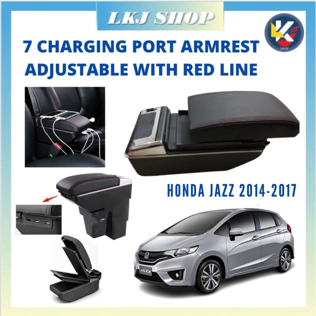 HONDA JAZZ 2014-2017 ADJUSTABLE ARMREST WITH 7 USB CHARGING PORT RED ...