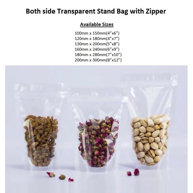 (50pcs+-) Transparent Stand Bag with zipper / Both side Transparent ...