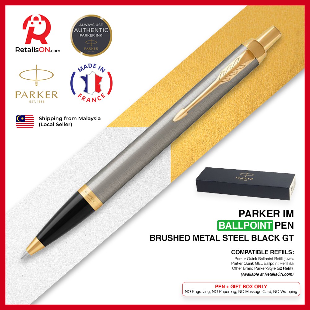 Parker IM Ballpoint Pen - Brushed Stainless Steel Gold Trim (with Black - Medium (M) Refill ...