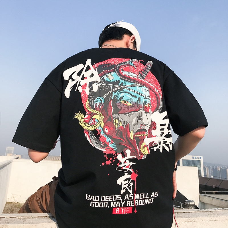 (Size S-8XL)Japanese style Original Loose cotton Devil pattern short-sleeved fashion hip-hop men ...