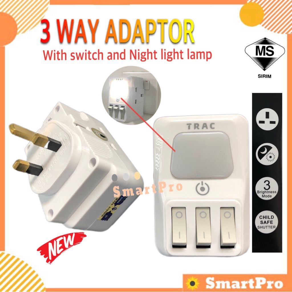 (3 in 1) 3 Way Adaptor With Switch Night Light 3 Brightness Mode 3 Pin ...