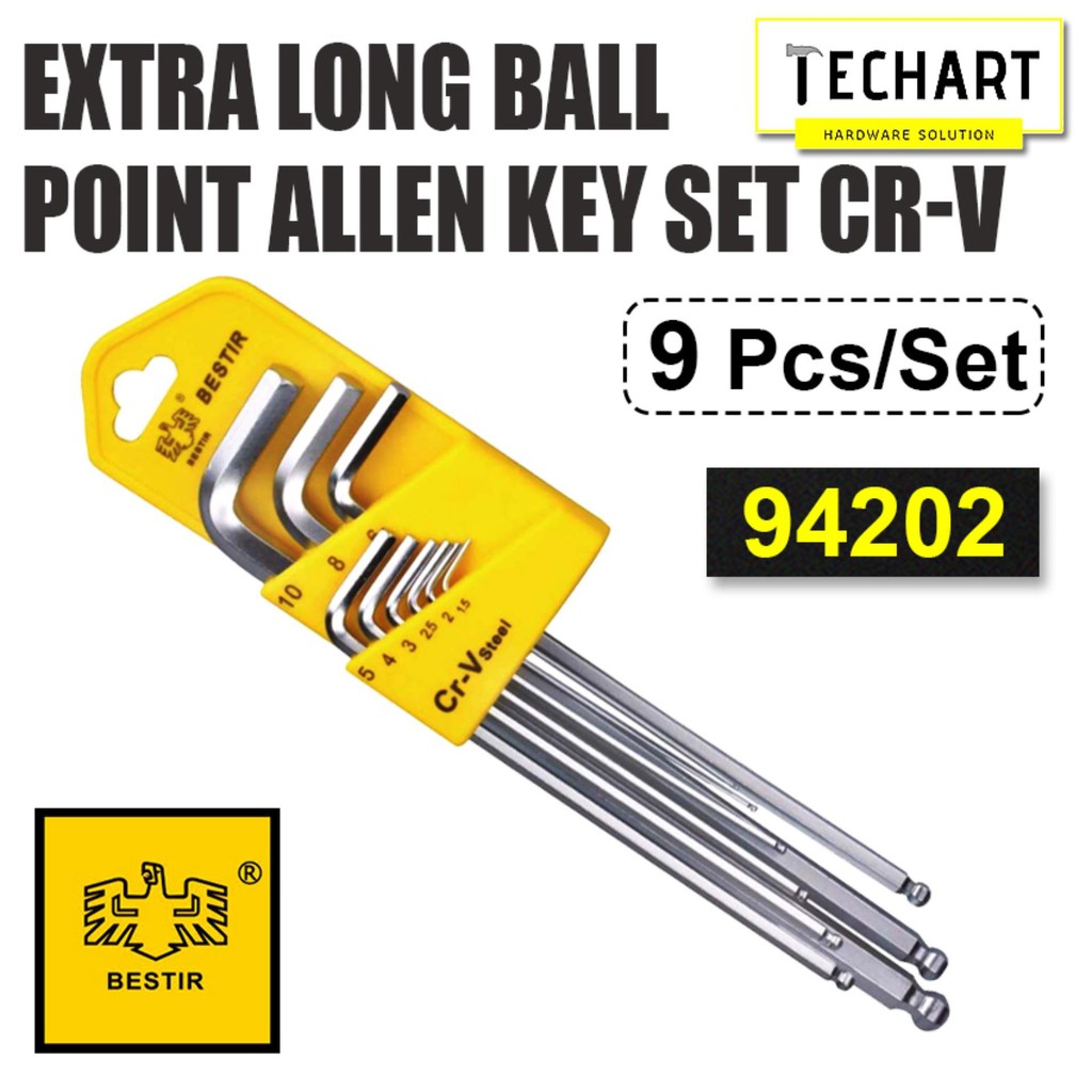 BESTIR94202 9pcs Extra Long Ball Point Allen Key Set CR-V (Metric Screw ...