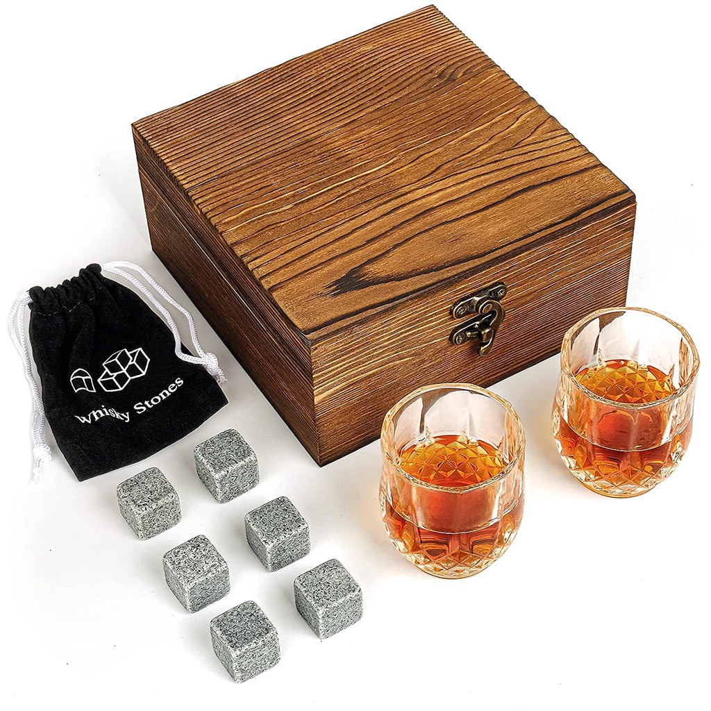 Whiskey Stone Gift Set 6 Granite Whisky Rocks with 2 Small Glasses ...