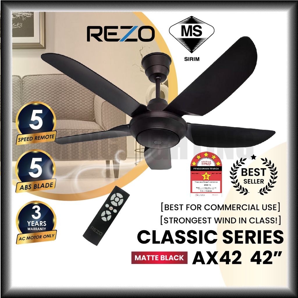 (Sirim) REZO AX42 Classic Series Ceiling Fan 42" 5 ABS Blade AC Motor ...