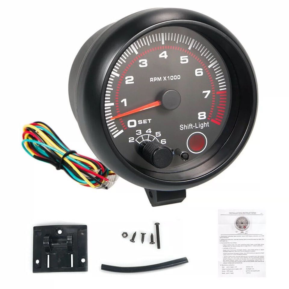 New 3.75" 95mm Tachometer RPM Gauge White Led With Internal Shift Light ...