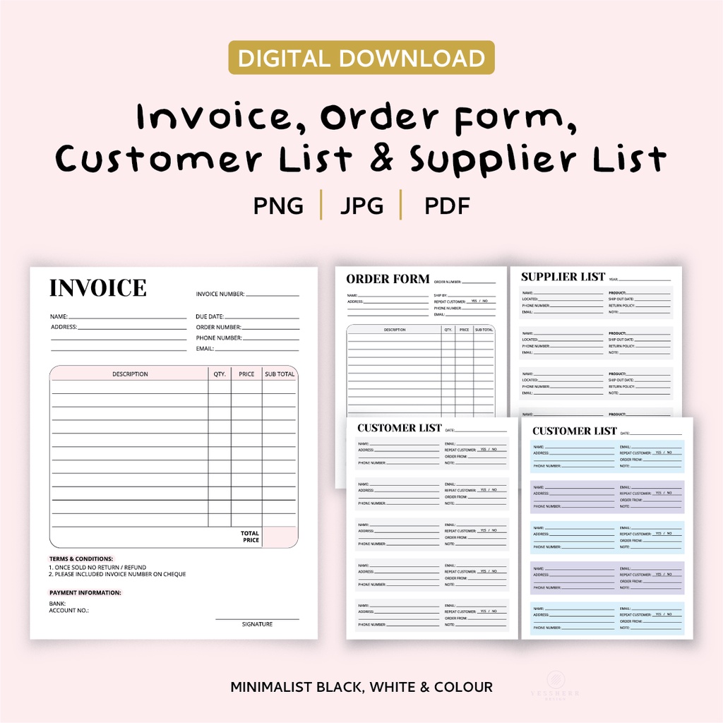 Digital File Invoice Online Business Printable Minimalist Note ...