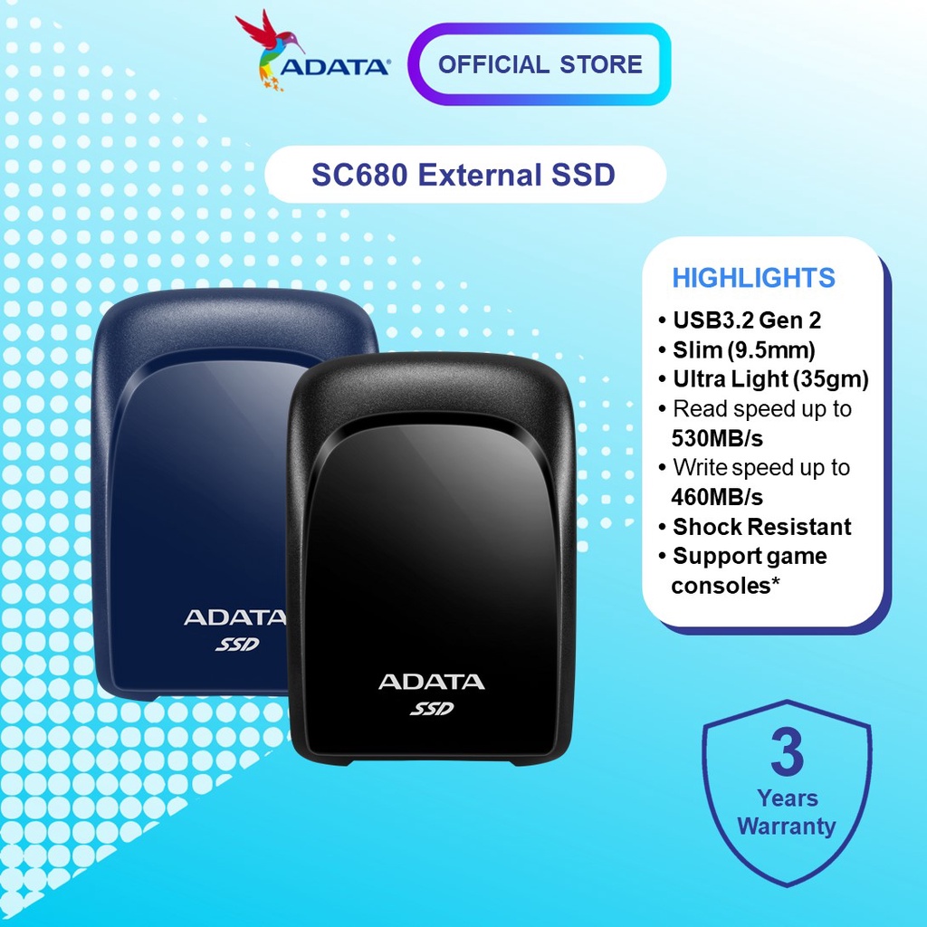 ADATA SSD External SC680 Type-C USB 3.2 Lightweight - Black/Blue (240GB/480GB/960GB) PS5 & XBOX ...