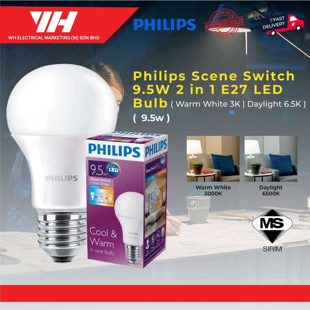 PHILIPS 9.5W/70W Long Lasting LED Bulb E27 (Warm White 3000K) A60 ...