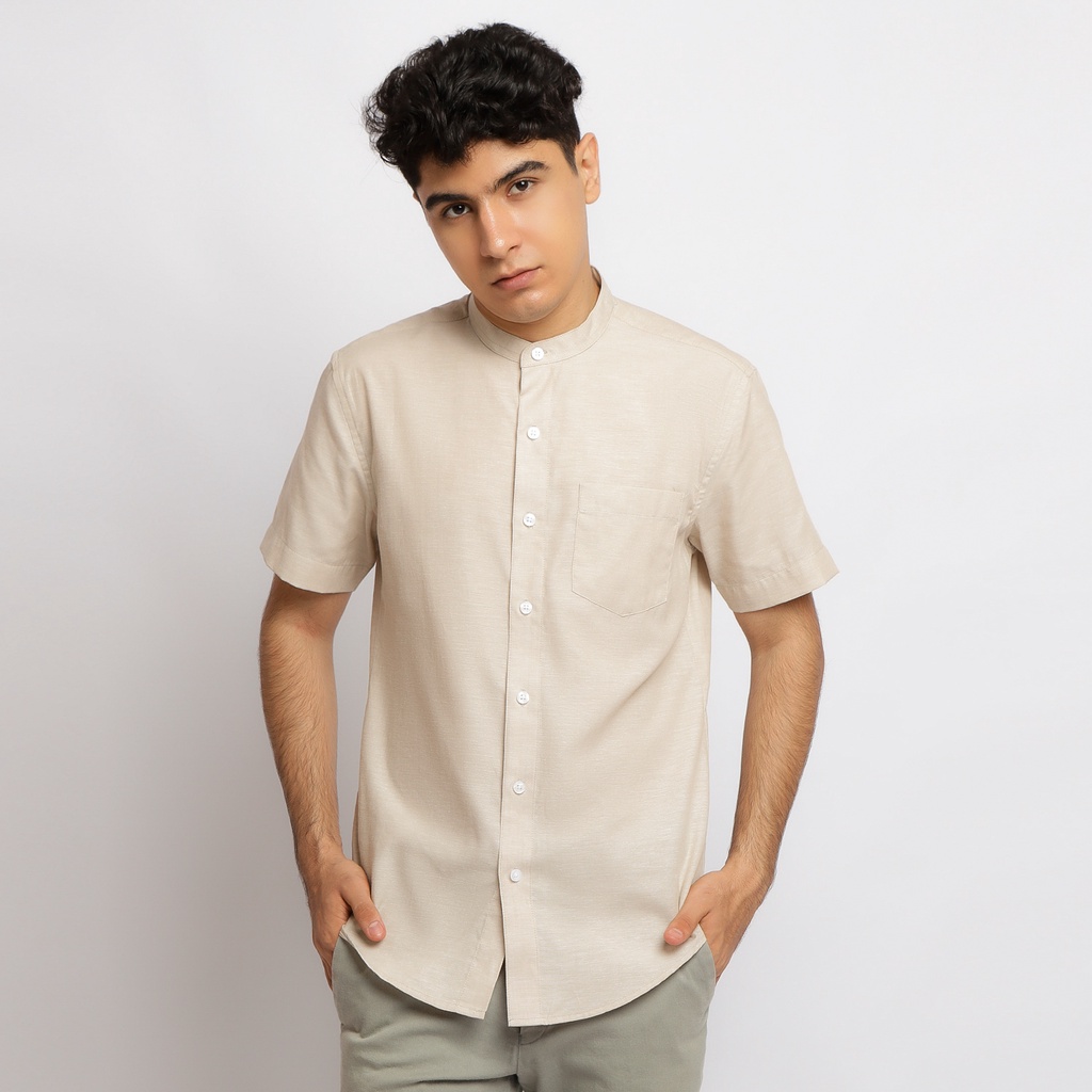 KEMEJA Cream Short Sleeve mandarin Collar oxford Shirt | Shopee Malaysia