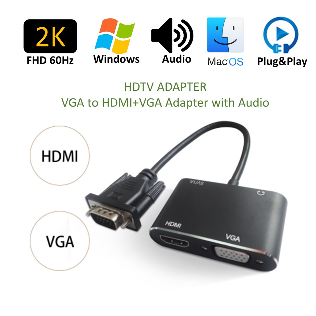 VGA to HDMI + VGA Adapter with Audio 2K FHD 60Hz Windows Mac OS VGA ...
