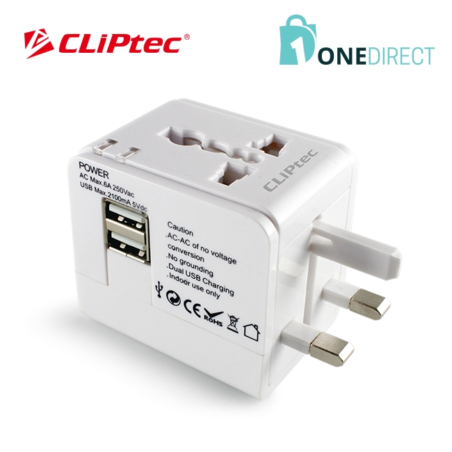 CLiPtec 2.1A Universal Travelling Plug Adaptor with 2 USB ports GZJ171 ...