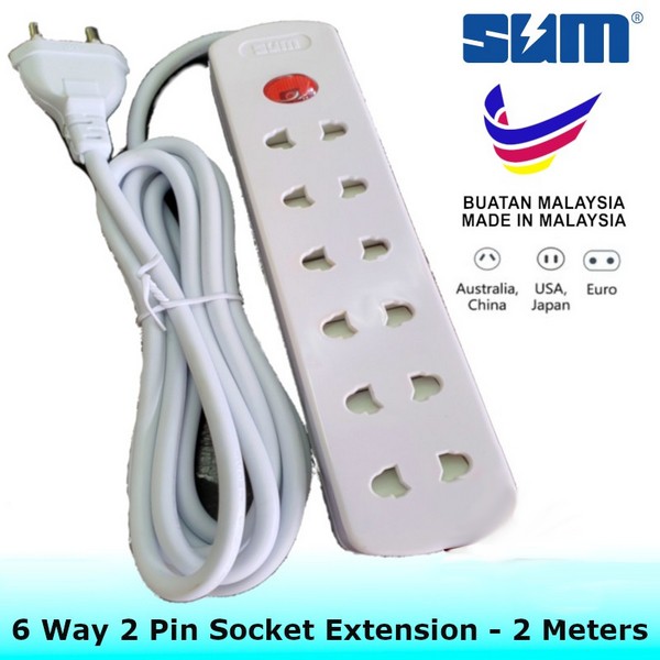 Multi 6 way 2 pin POWER plug switch socket extension 2 meter wire AC ...