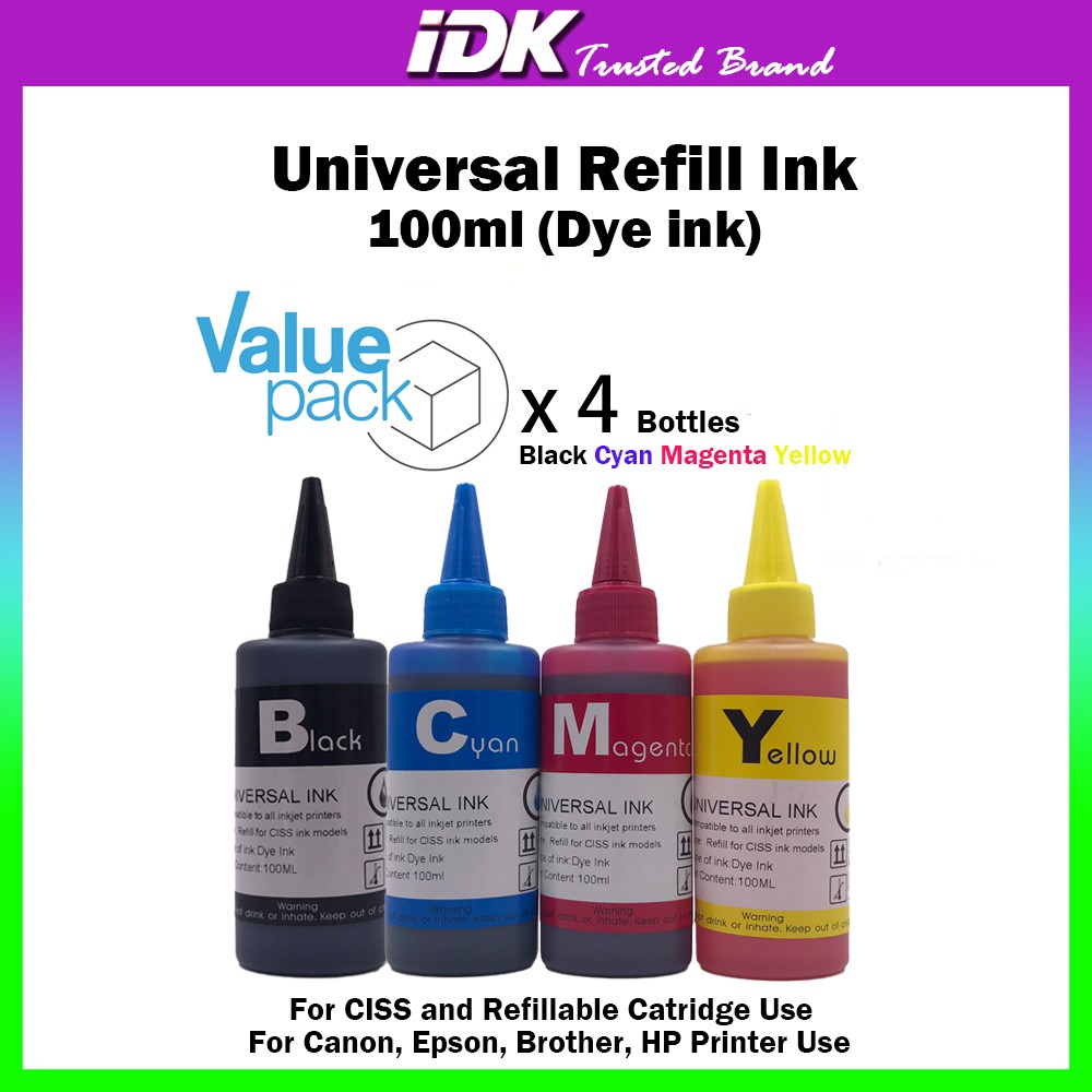 Universal Refill ink 100ml Dye ink for Canon Brother Epson HP | Shopee ...