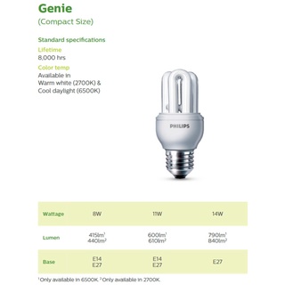 PHILIPS E27 Genie Energy Saver Bulb 8W 11W 14W ( 2700K Warm White / 6500K Daylight ) | Shopee ...