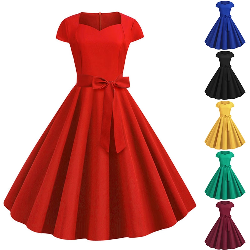 Summer Vintage Dress Robe Femme Women Solid Red Black Square Collar ...