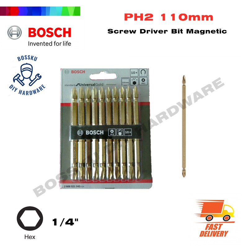 BOSCH PH2 110mm (GOLD) Screw Driver Bit Magnetized Double Headed + Plus ...