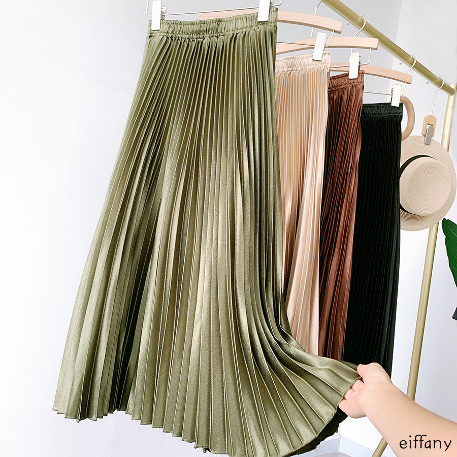 satin pleated skirt high waist a line retro long skirt labuh kembang ...