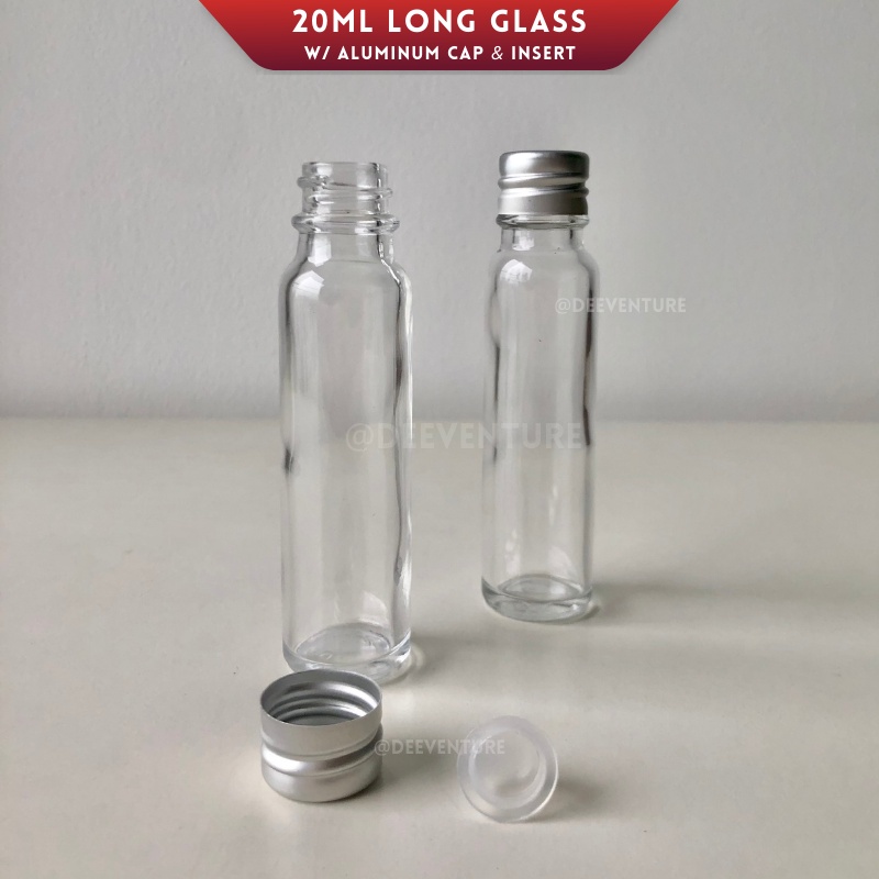 20ml Long Glass Bottles with Aluminium Sliver Screw Cap and Insert/ Mini Glass | 20cc Botol Kaca ...