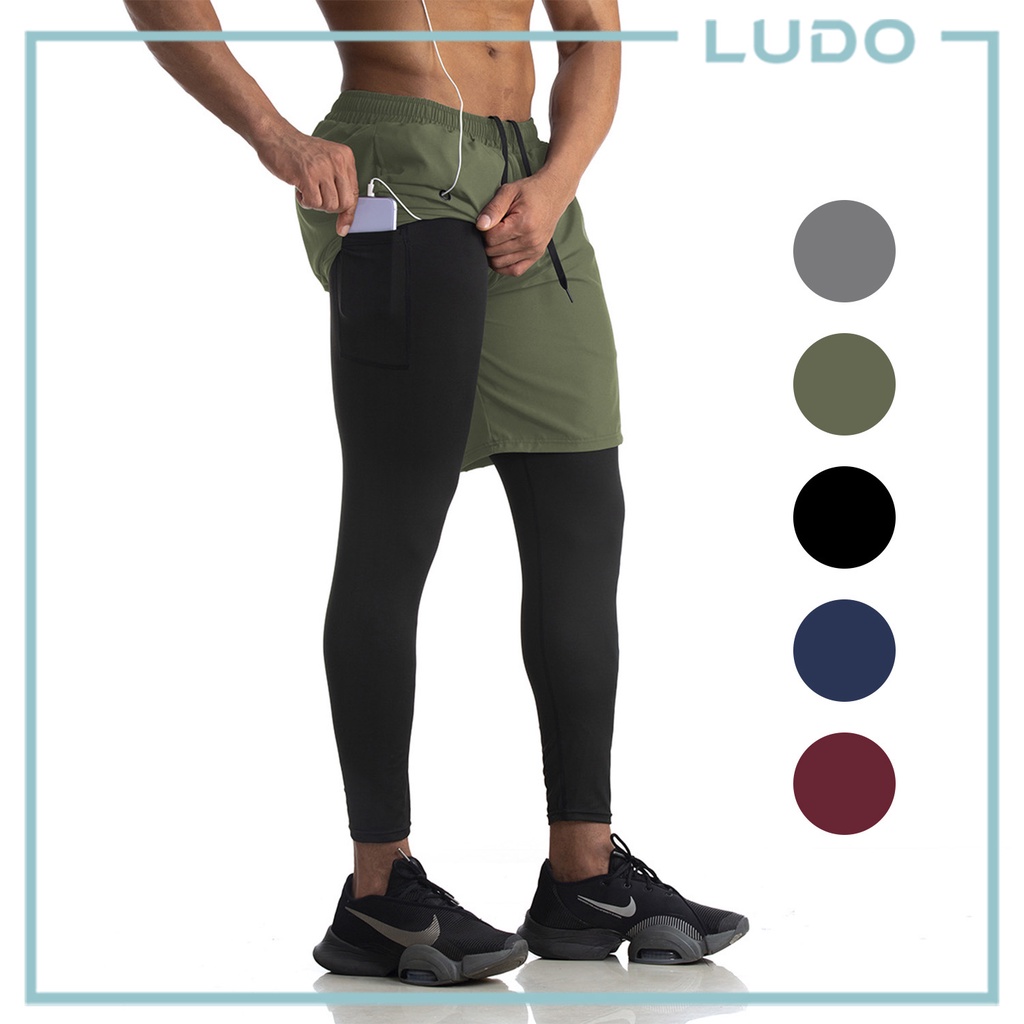 [ 𝗟𝗨𝗗𝗢 ] Sports Men Running Shorts Leggings 2 IN 1 Quick Dry Fitness ...