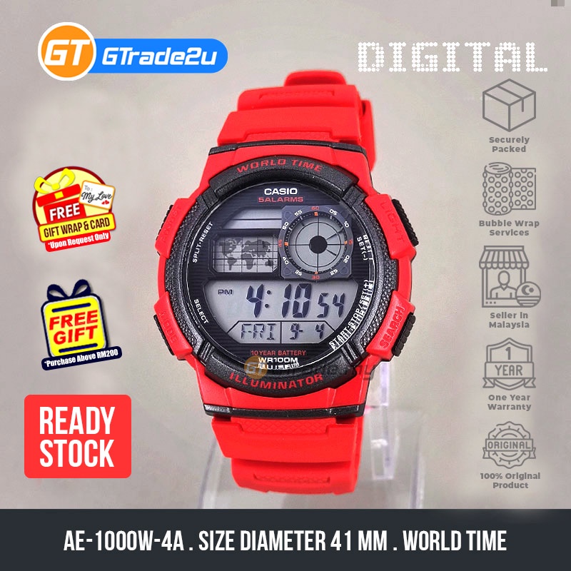 Original Men AE-1000W-4A AE1000W-4A Digital World Map Watch Red Resin Band watch for man ...
