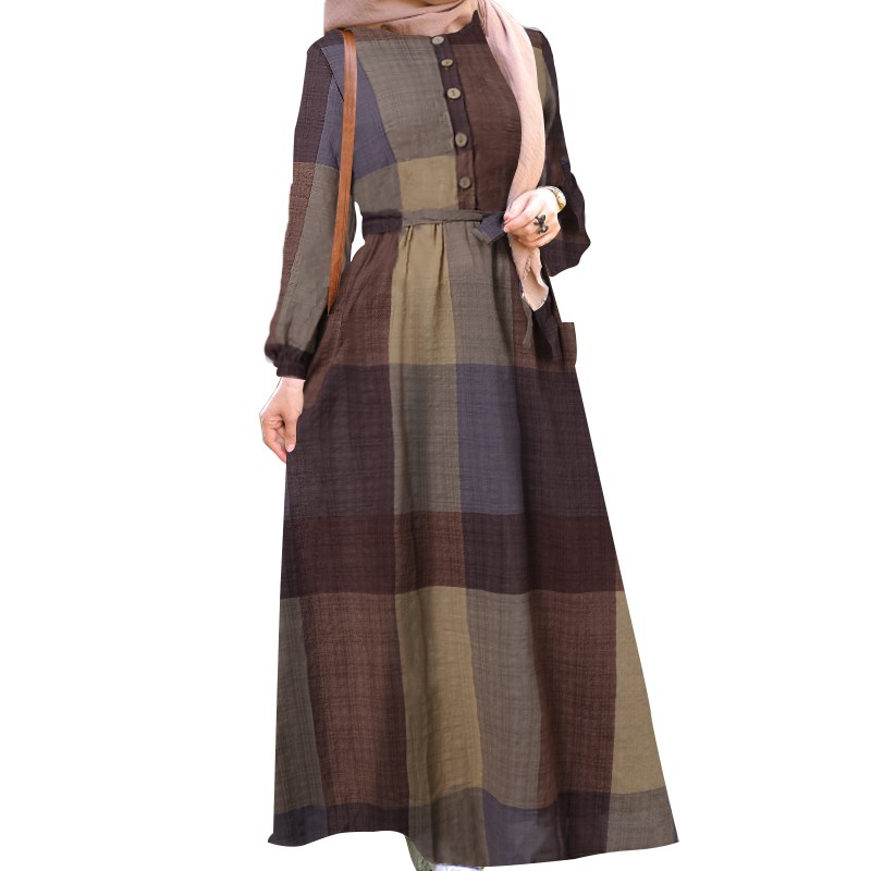 Hijabista Muslim Wear Women Crew Neck Long Sleeve Muslim Plaid Printed ...