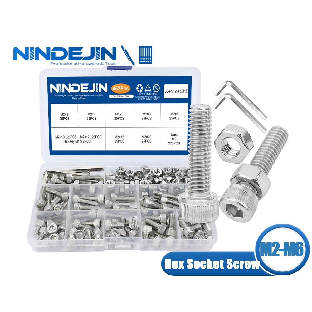 NINDEJIN Hexagon Hex Socket Bolts Cup Head Screw 304 Stainless Steel DIN912 M2/M2.5/M3/M4/M5/M6 ...